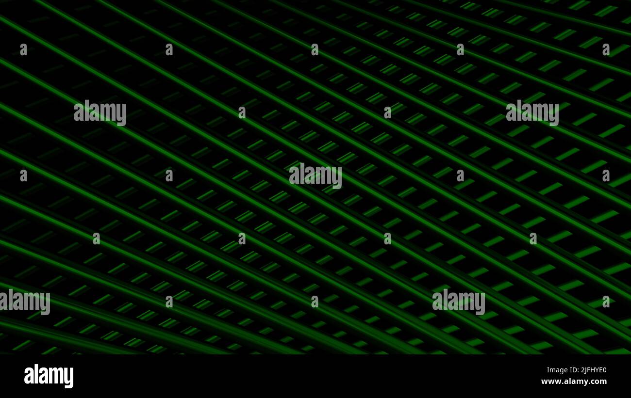 Green straight crossed metal tubes on a black background. Motion. Green ...