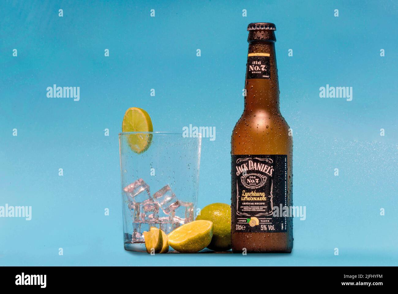 La Nucia, alicante, spain. 01-07-2022 close-up very cold bottle of Jack ...