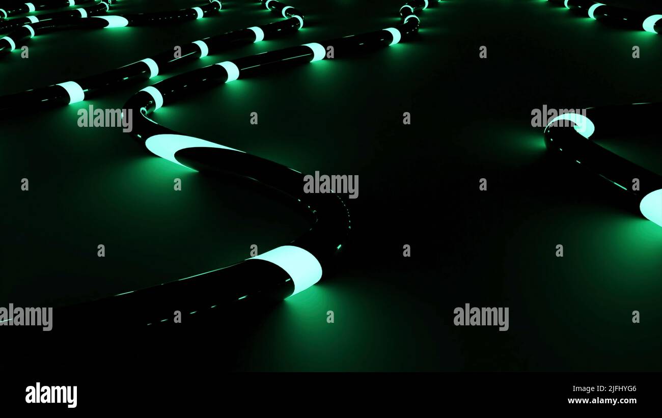 3D cables with neon stripes. Design. Energy flows in black computer ...
