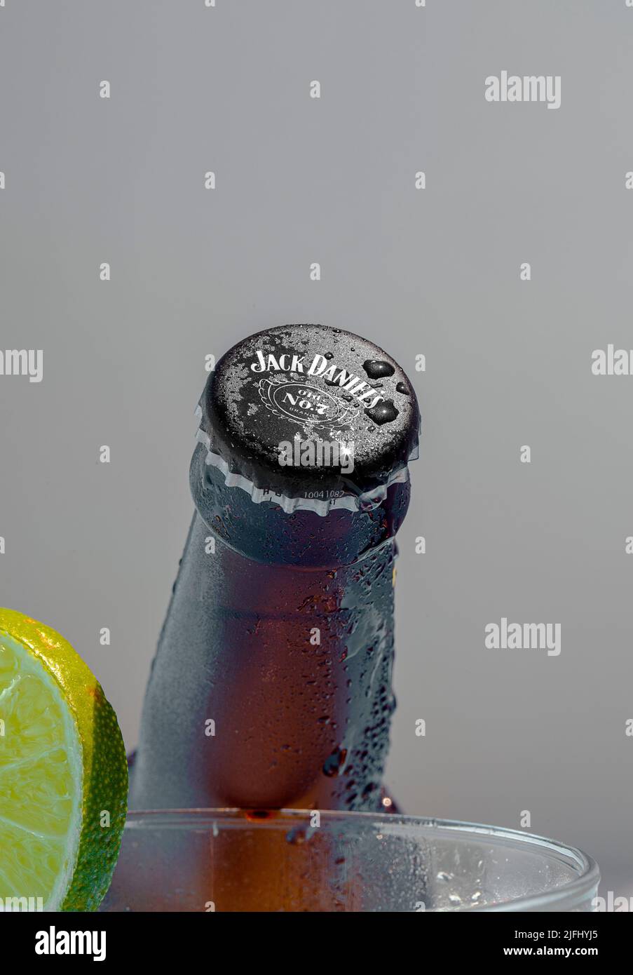 01-07-2022 La Nucia, alicante, spain. close-up very cold bottle of Jack ...