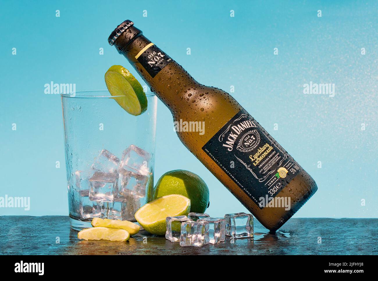 01-07-2022 La Nucia, alicante, spain. close-up very cold bottle of Jack ...