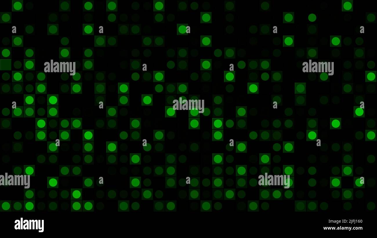 Black background with green blinking circles on a black background ...