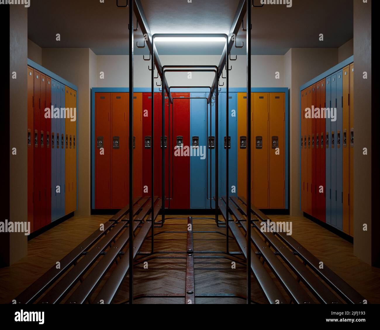 A dimly lit gym changeroom with wooden floors and banks of colorful ...