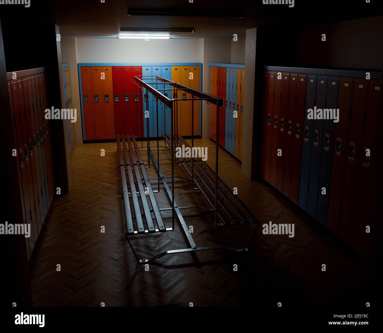 A dimly lit gym changeroom with wooden floors and banks of colorful ...