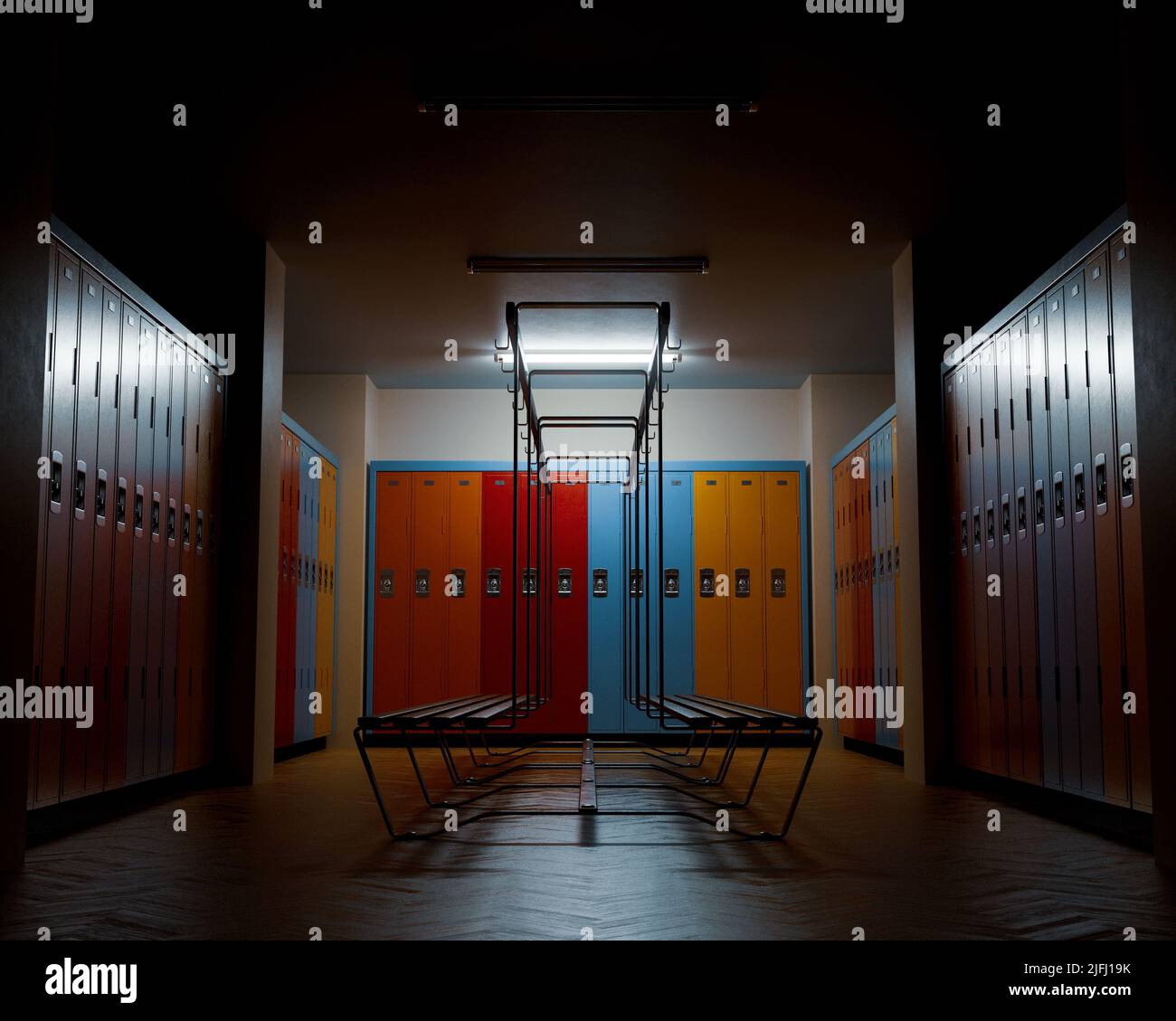 A dimly lit gym changeroom with wooden floors and banks of colorful ...