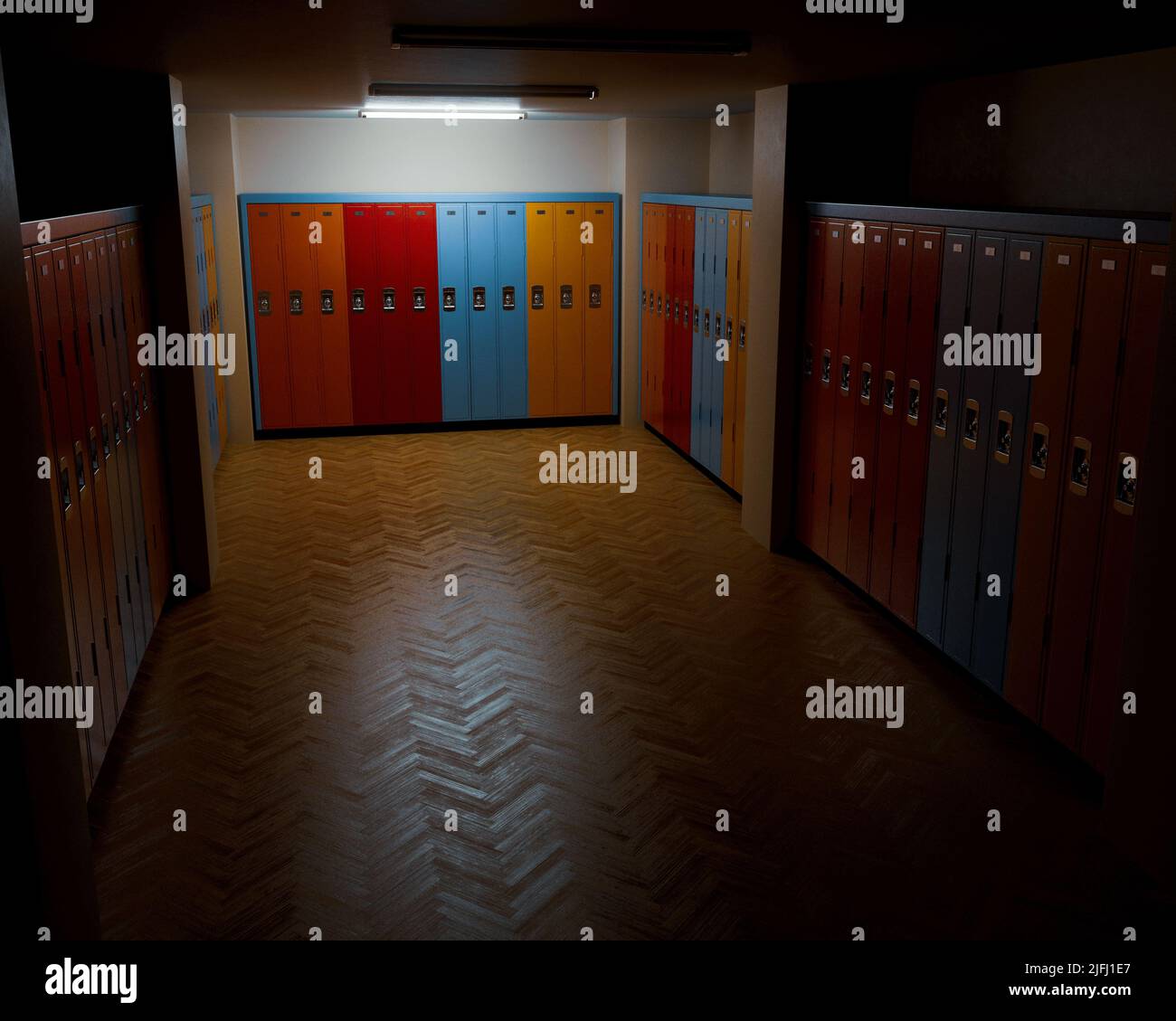 A dimly lit locker room with wooden floors and banks of colorful ...