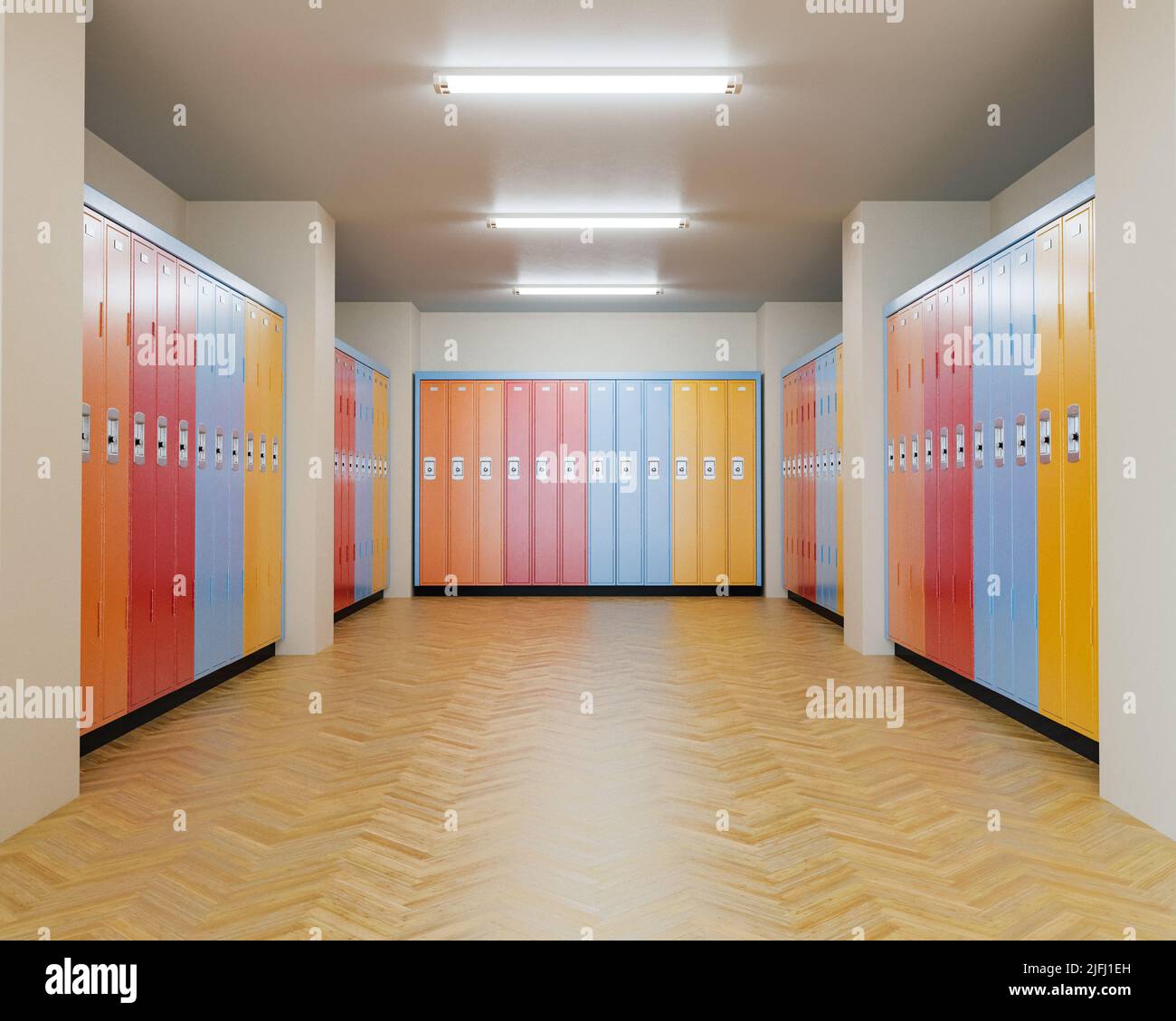 A well lit locker room with wooden floors and banks of colorful lockers ...
