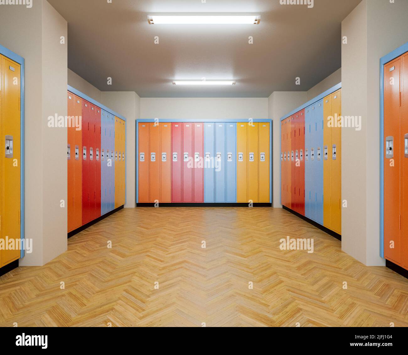 A well lit locker room with wooden floors and banks of colorful lockers ...