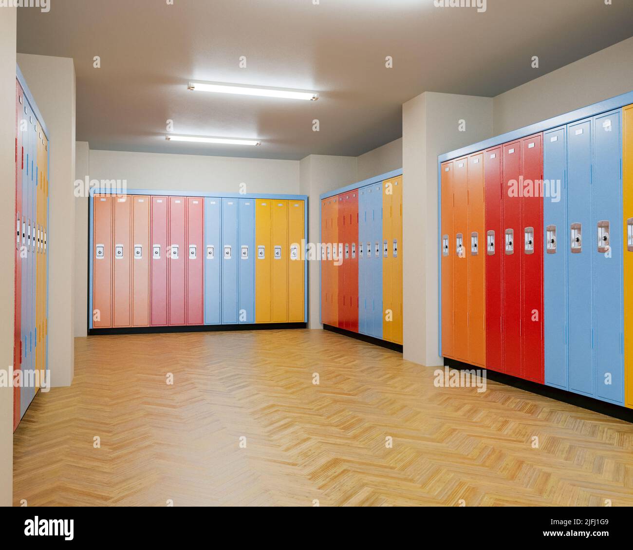 A well lit locker room with wooden floors and banks of colorful lockers ...