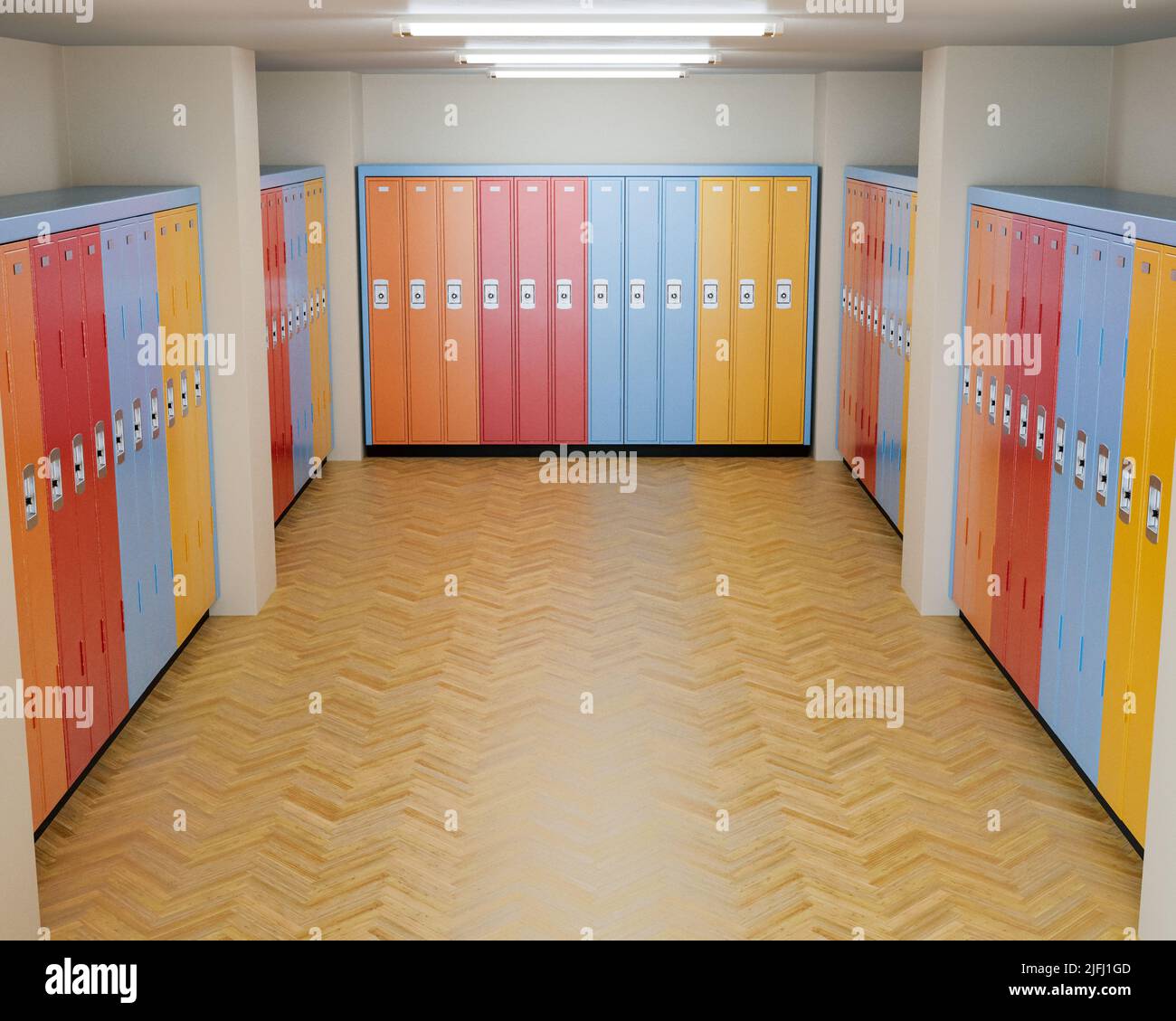 A well lit locker room with wooden floors and banks of colorful lockers ...