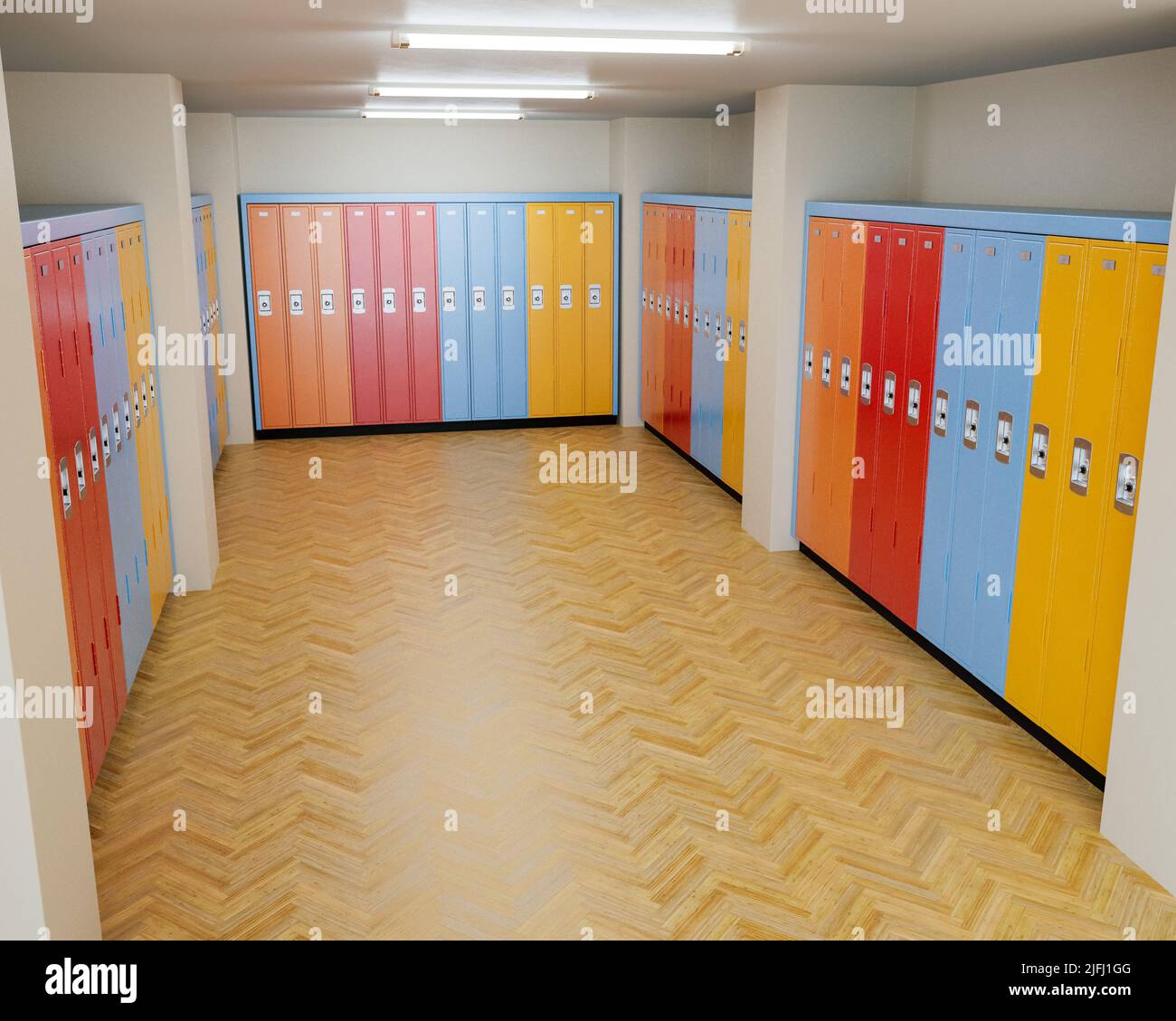 A well lit locker room with wooden floors and banks of colorful lockers ...
