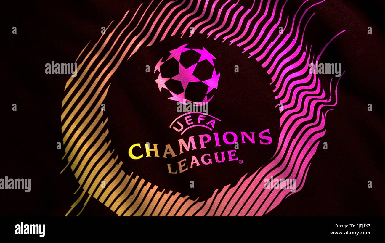 Close up of the emblem of UEFA champions league with a ball of small ...