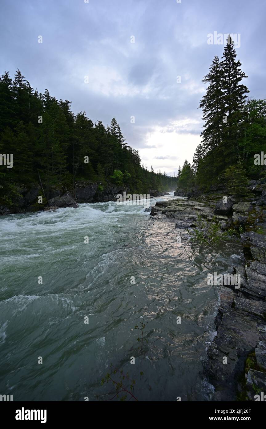 High levels and torrential water flow in McDonald Creek in Glacier ...