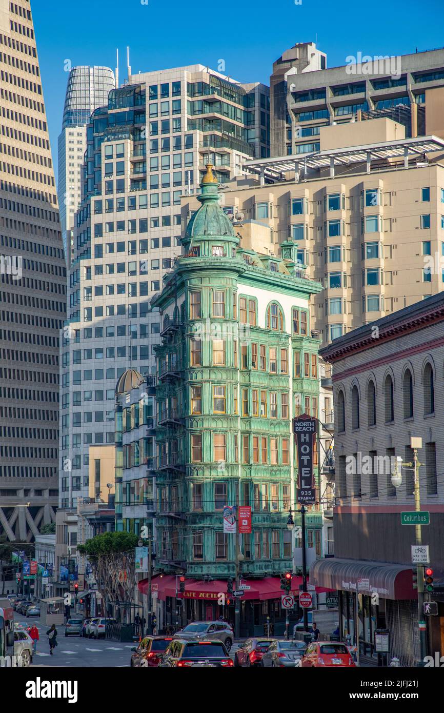 San Francisco, USA - May 18, 2022: Old copper-green Columbus tower also ...