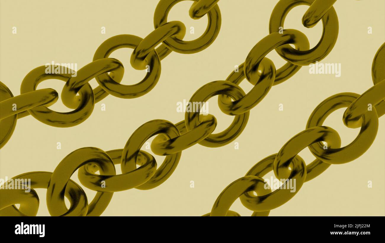 Three rows of metal gold chains moving isolated on a beige background ...