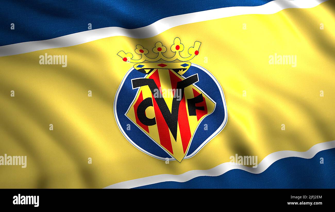 Villarreal FC soccer team waving realistic flag. Motion. Football club ...
