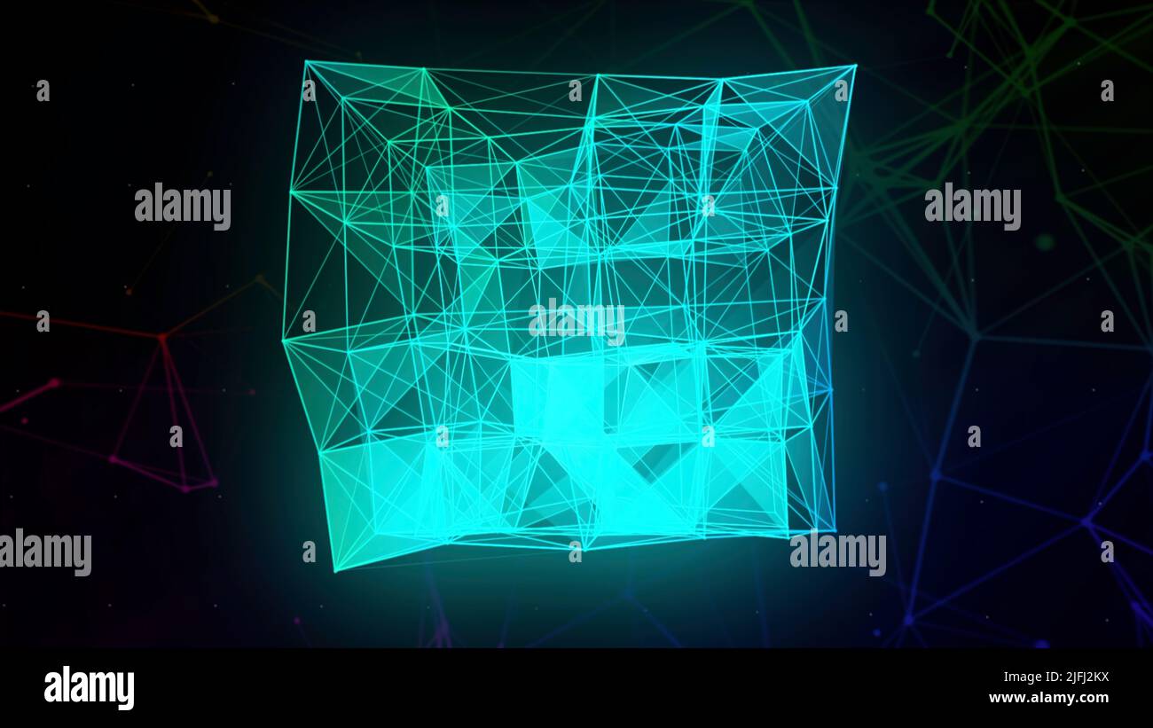 Artificial intelligence creating blue gradient plexus cubic 3D figure. Motion. Glowing beautiful ...