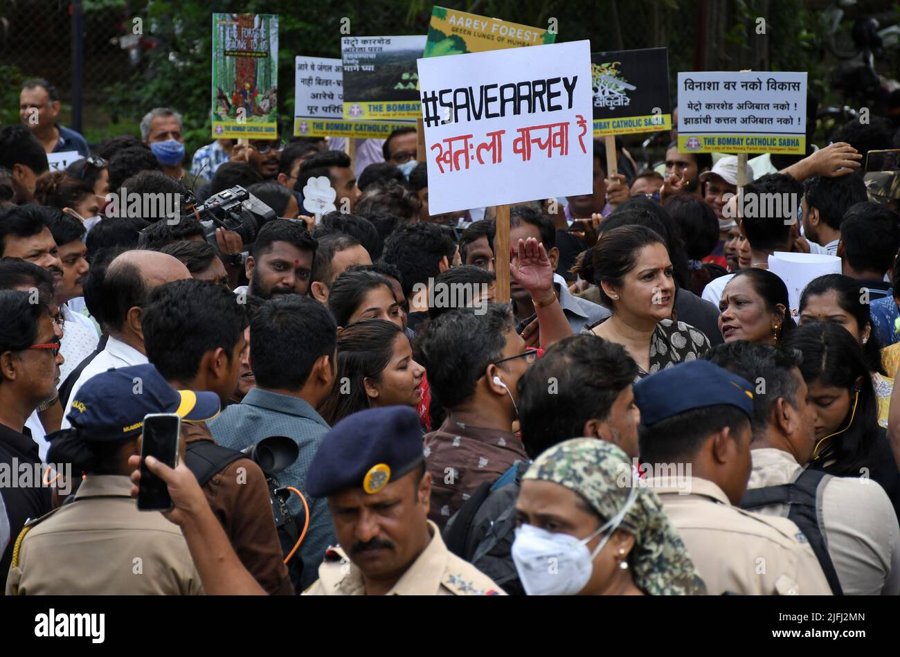Protesters gather during the protest against cutting the trees and ...