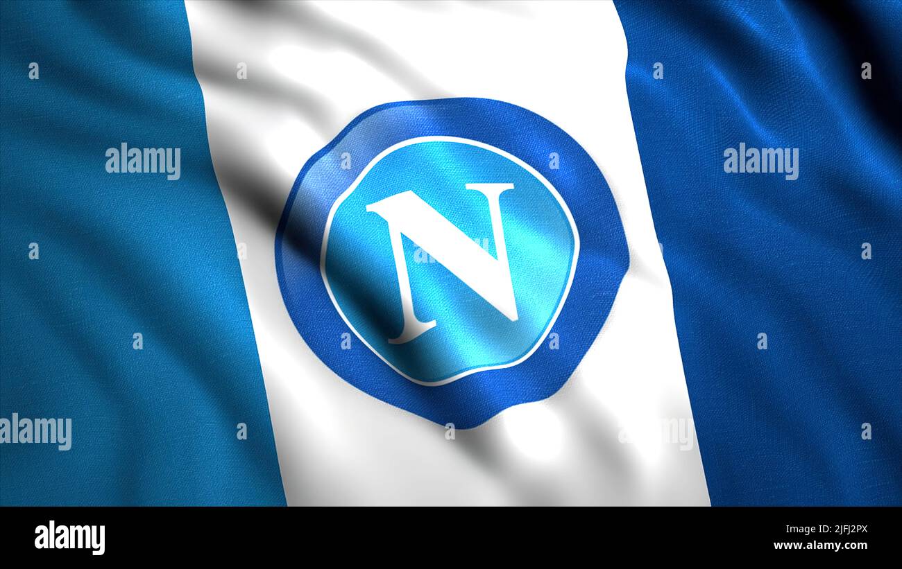 Flying flag with Napoli football team logo, close up. Motion. Abstract ...