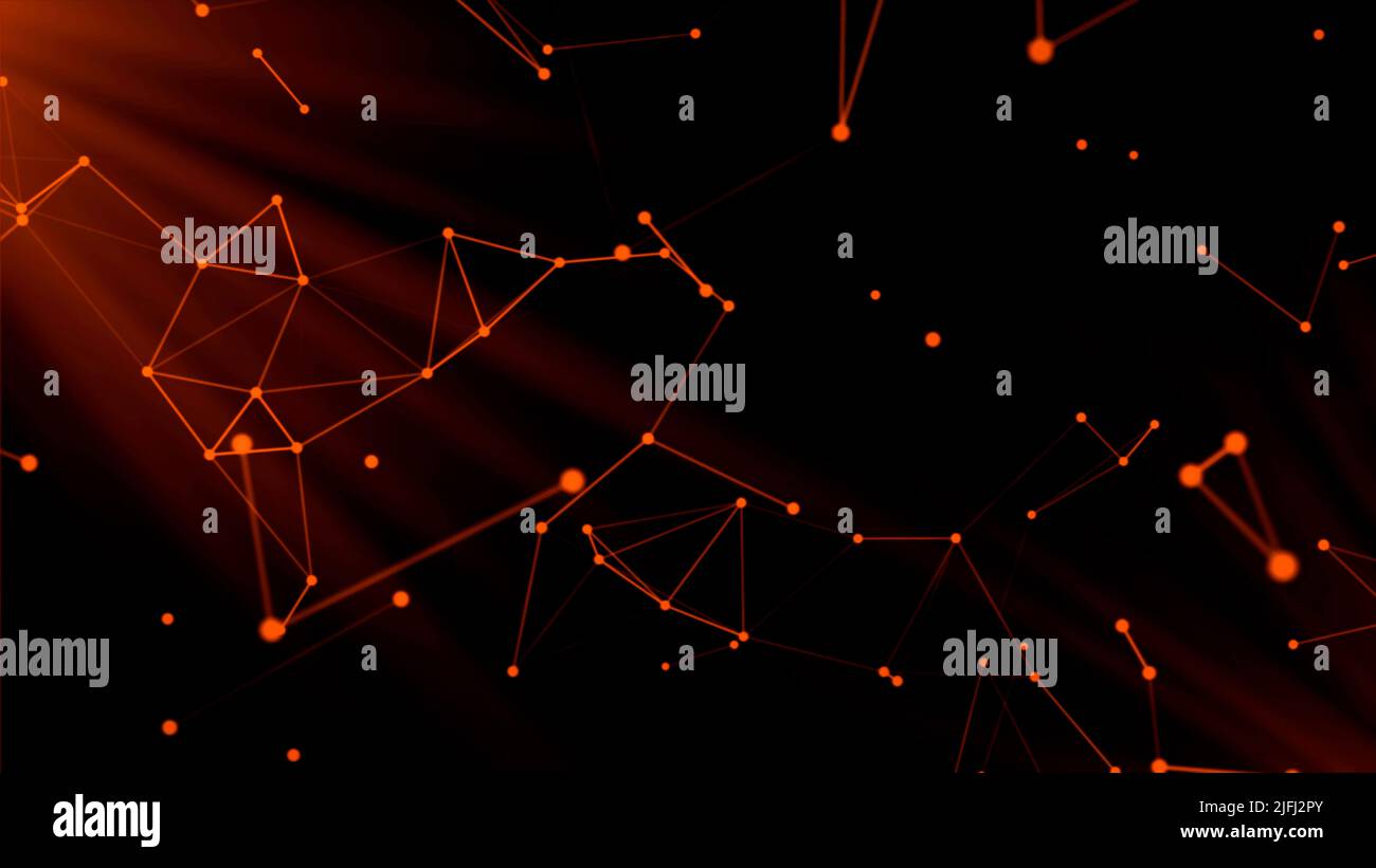 Red abstract background, plexus, technology concept. Motion. Connected dots and lines flying ...
