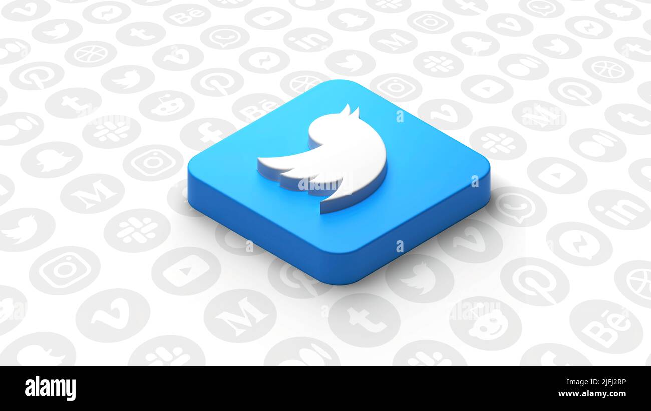 Blue flickering particles forming a symbol of Twitter. Motion. Rows of ...