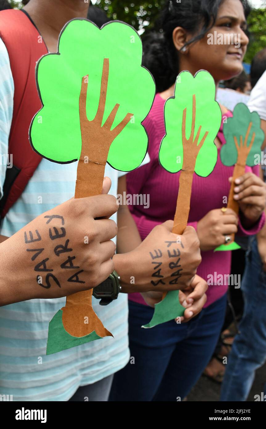 Protesters hold paper tree placards with paintings on their hands ...