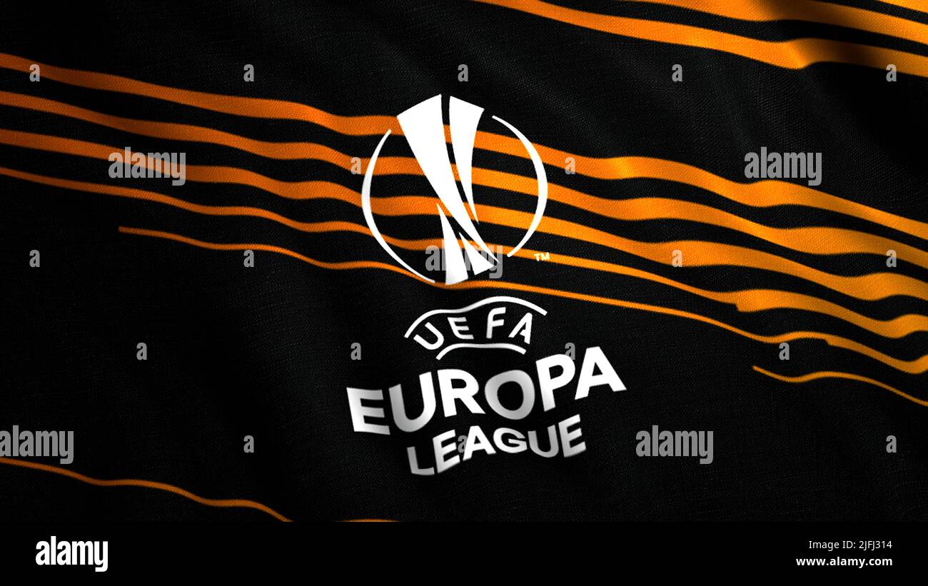 A waving flag of the UEFA Europa League. Motion. Close up of an ...