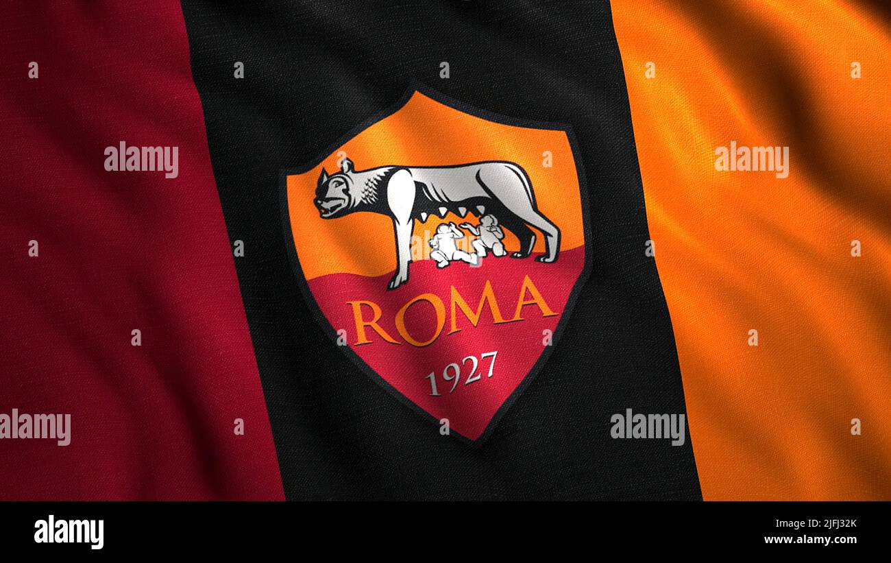 Roma flag waving in slow motion. Motion. Close up of italian ...