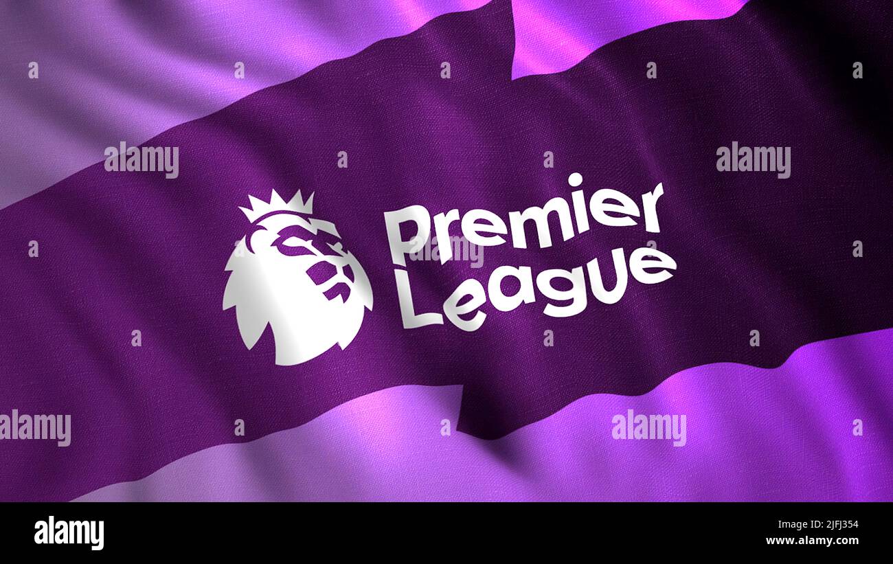 Abstract rippling flag in purple color with a lion and a crown. Motion ...