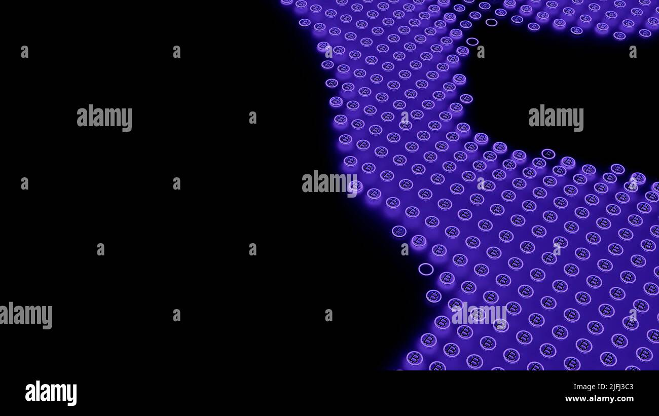 Abstract unusual spinning field of tiny bitcoin icons isolated on a ...