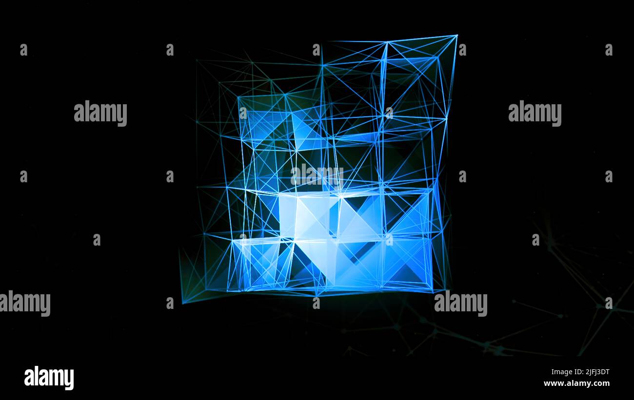 Abstract neon plexus transforming cube on a black background. Motion ...