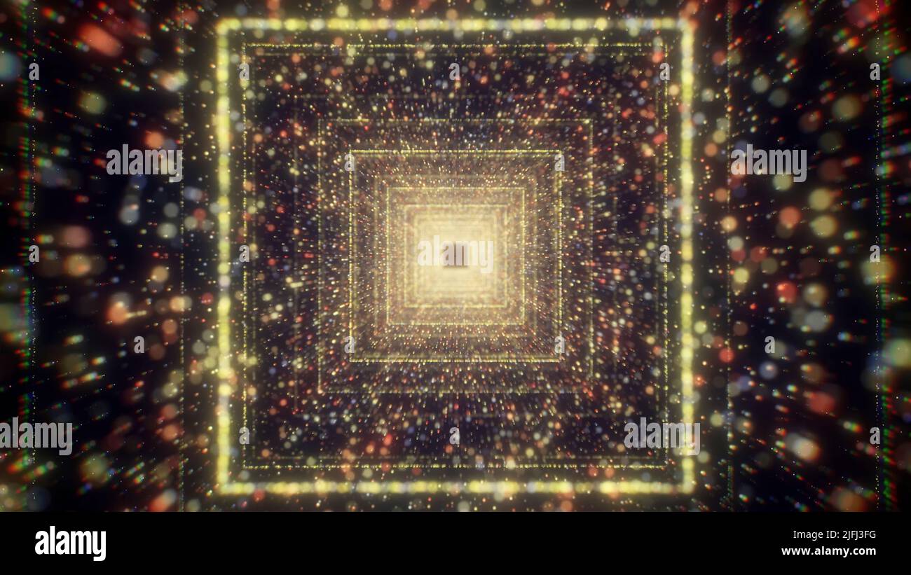 Yellow square frames of shining blurred particles flying towards the ...