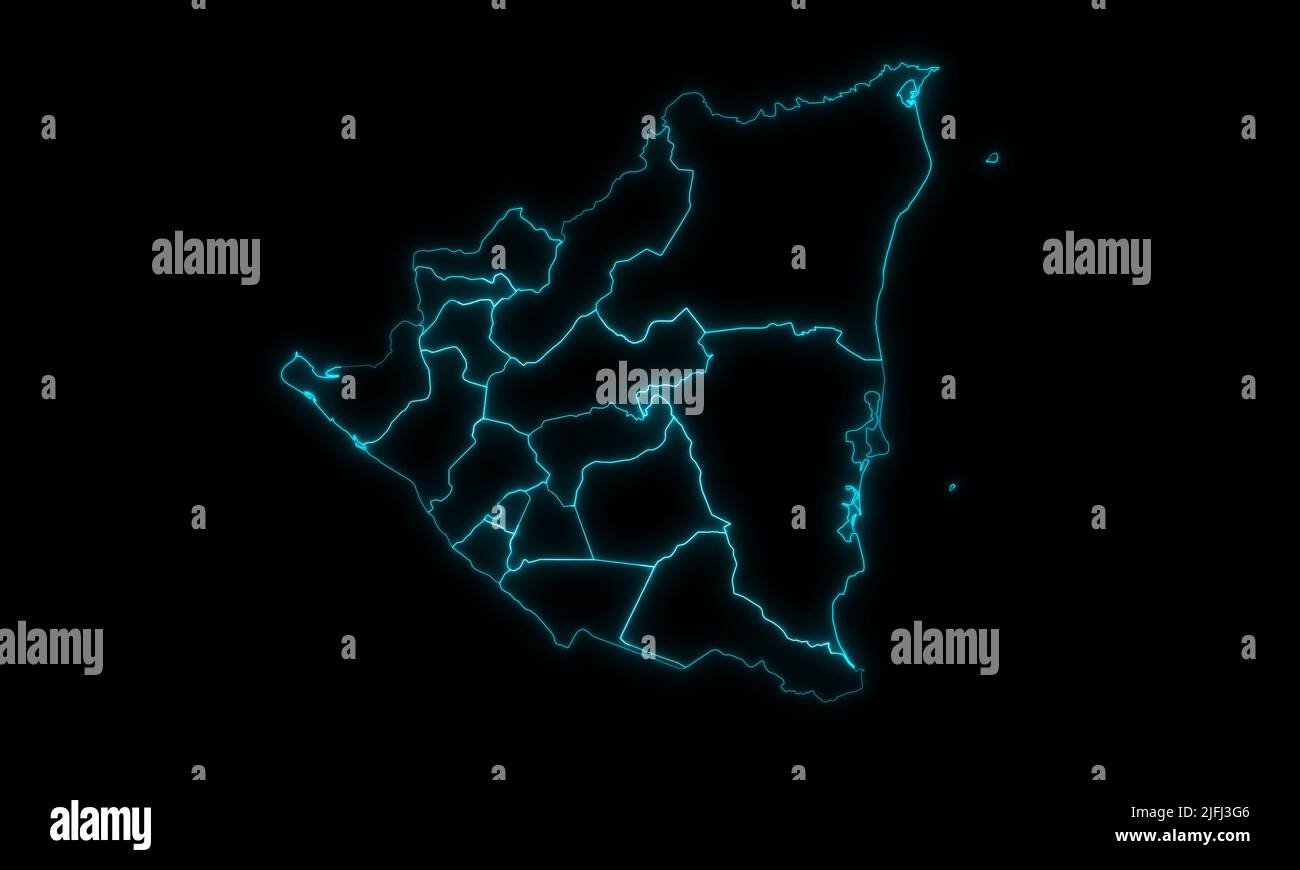 Abstract map outline of Nicaragua with Departments with Regions glowing ...
