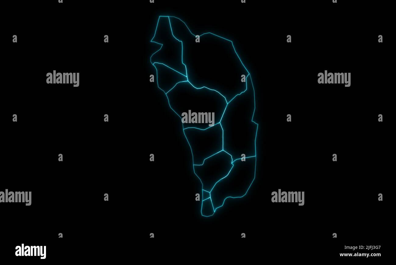 Abstract map outline of Dominica with Parishes with Regions glowing ...