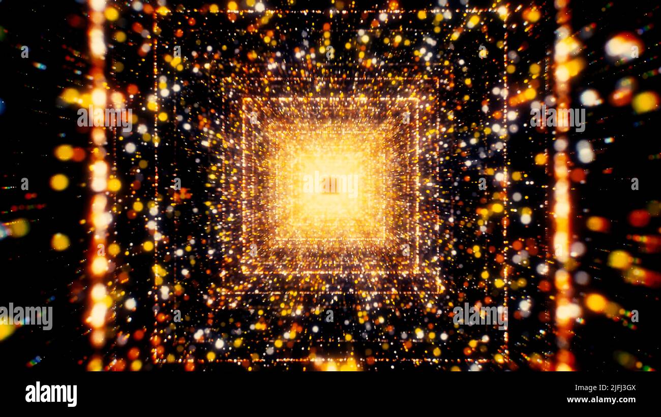 Abstract cosmic pattern with endless flying rectangles. Motion. Golden ...