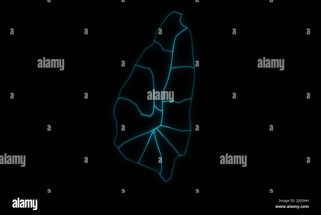 Abstract map outline of Saint Lucia with Quarters with Regions glowing ...