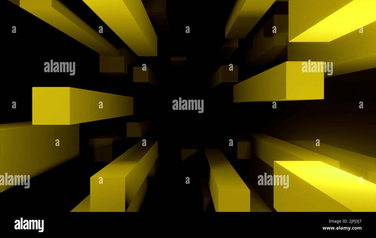 Abstract 3D yellow bars flying far in the distance on a black ...