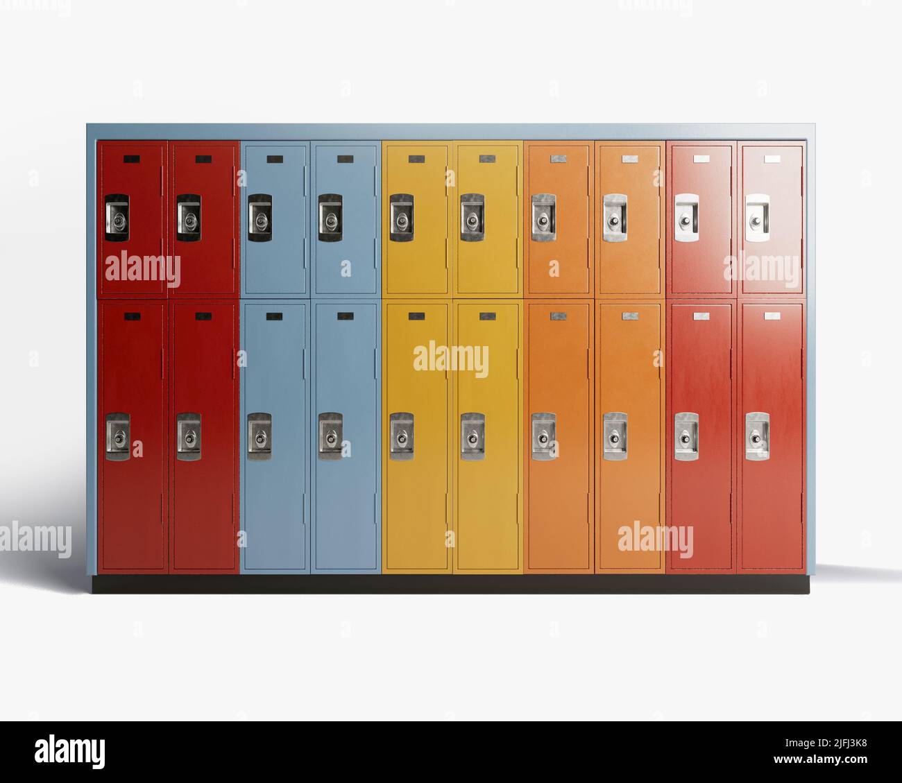 An standalone bank of colorful school lockers on an isolated white ...