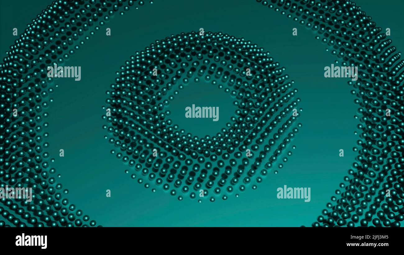 Abstract turquoise circles of small metal balls narrowing down one by ...
