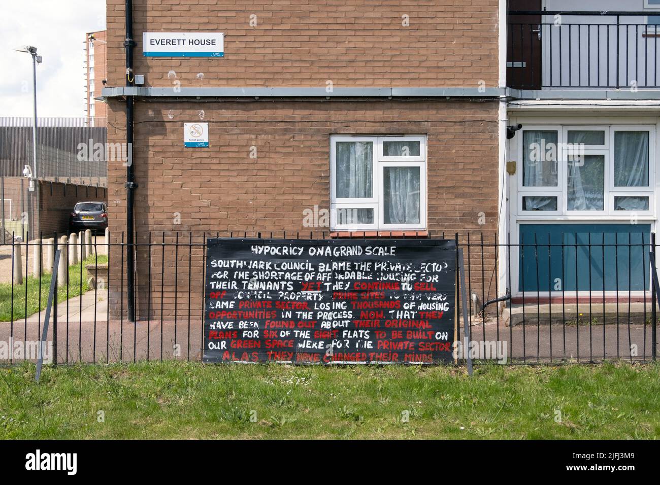 Banners protesting against housing redevelopment on a council estate in ...