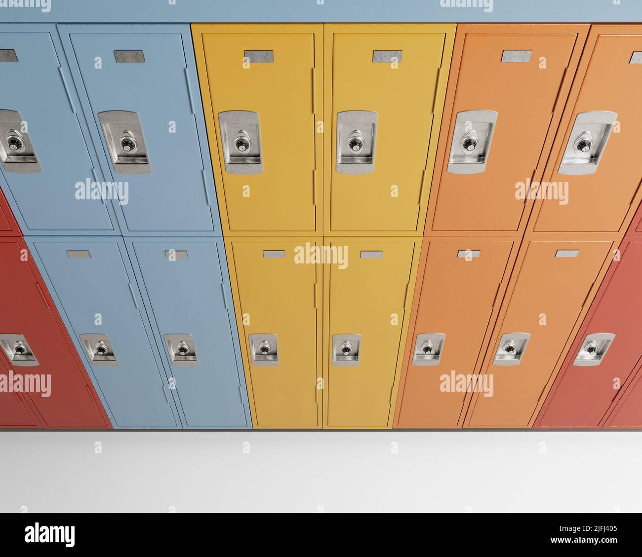 An standalone bank of colorful school lockers on an isolated white ...