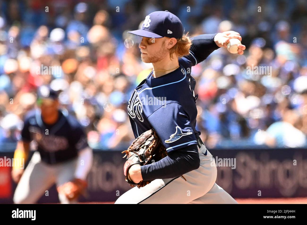 Tampa Bay Rays‚Äô starting pitcher Shane Baz throws to a Toronto Blue ...