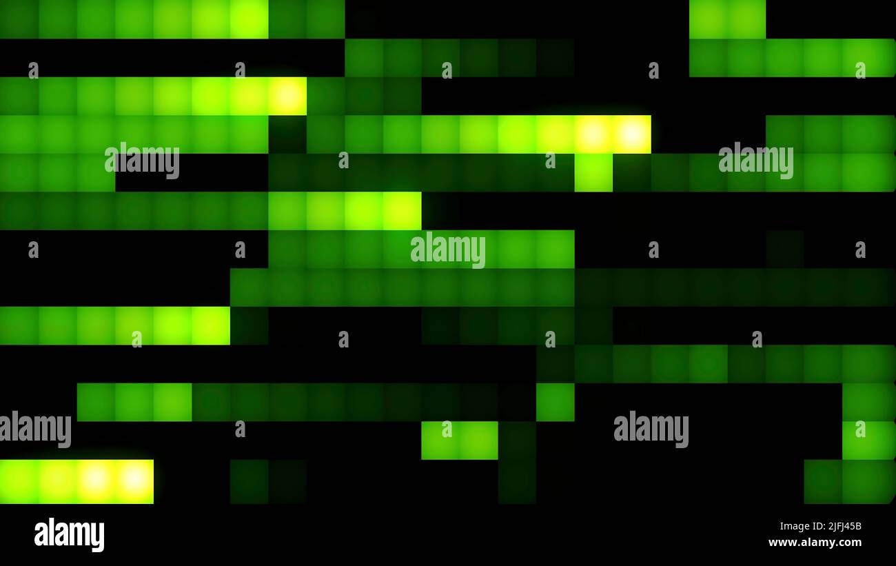 Matrix effect, moving horizontally green lines of squares on a black ...