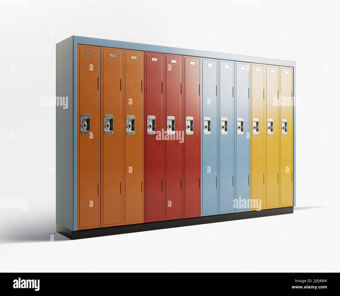 An standalone bank of colorful school lockers on an isolated white ...