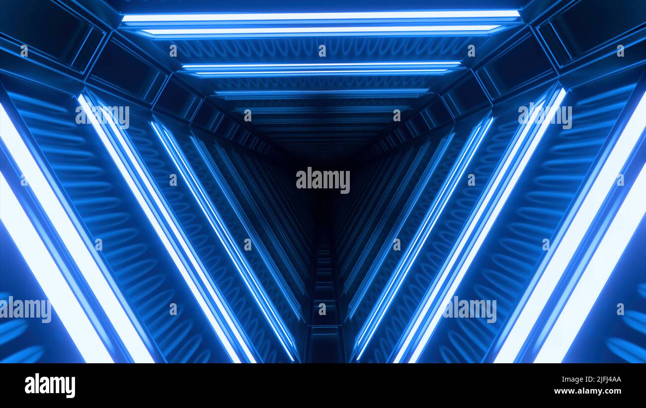 Abstract blue triangular tunnel of neon blue color, seamless loop ...