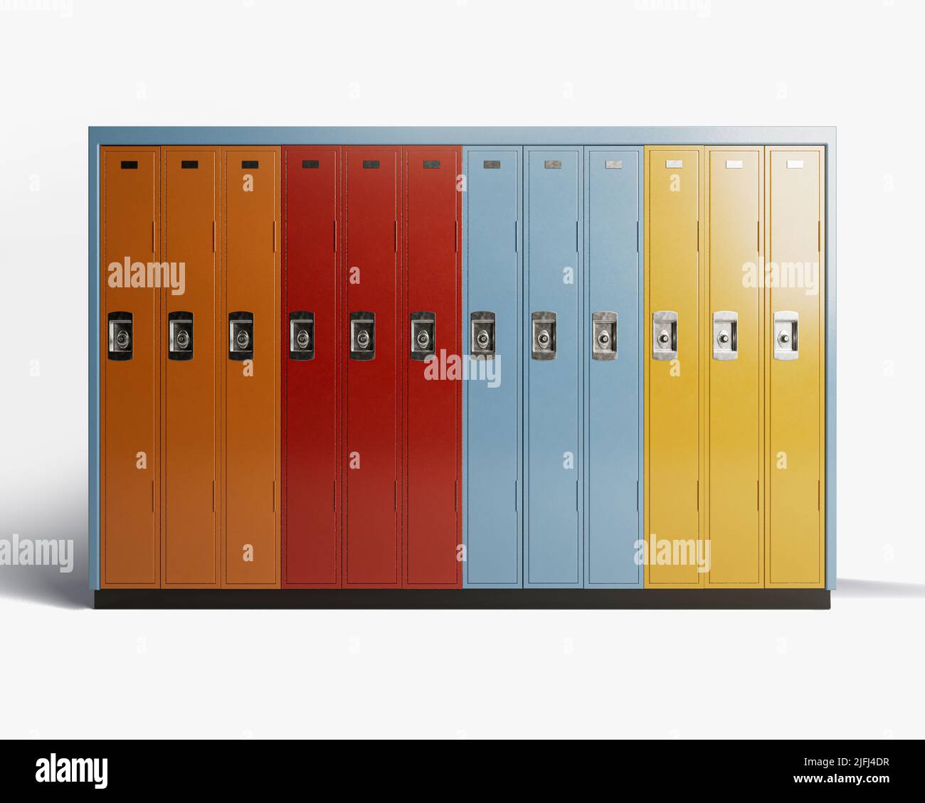 An standalone bank of colorful school lockers on an isolated white ...