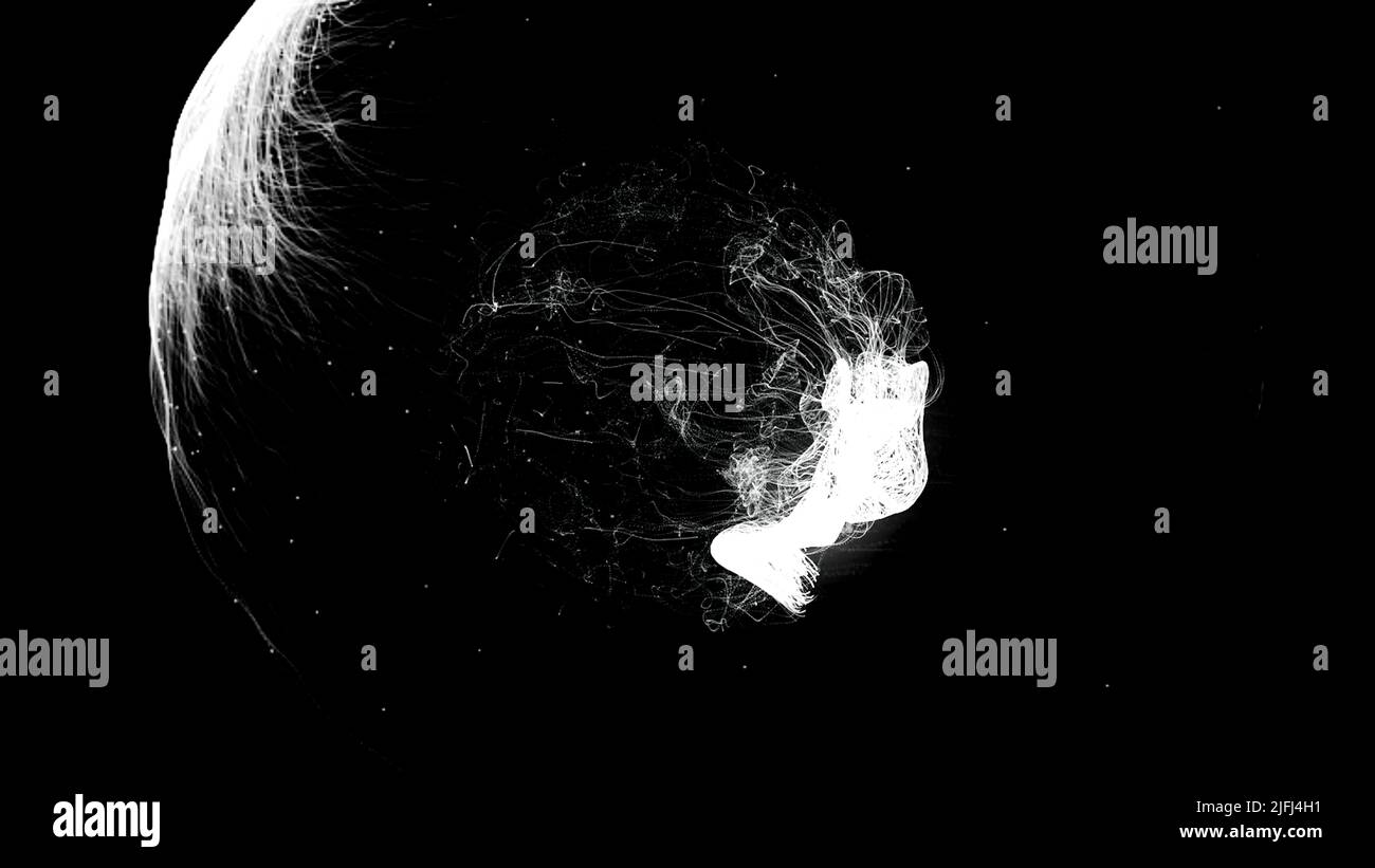 Abstract white dust particles flying on a black background and creating ...