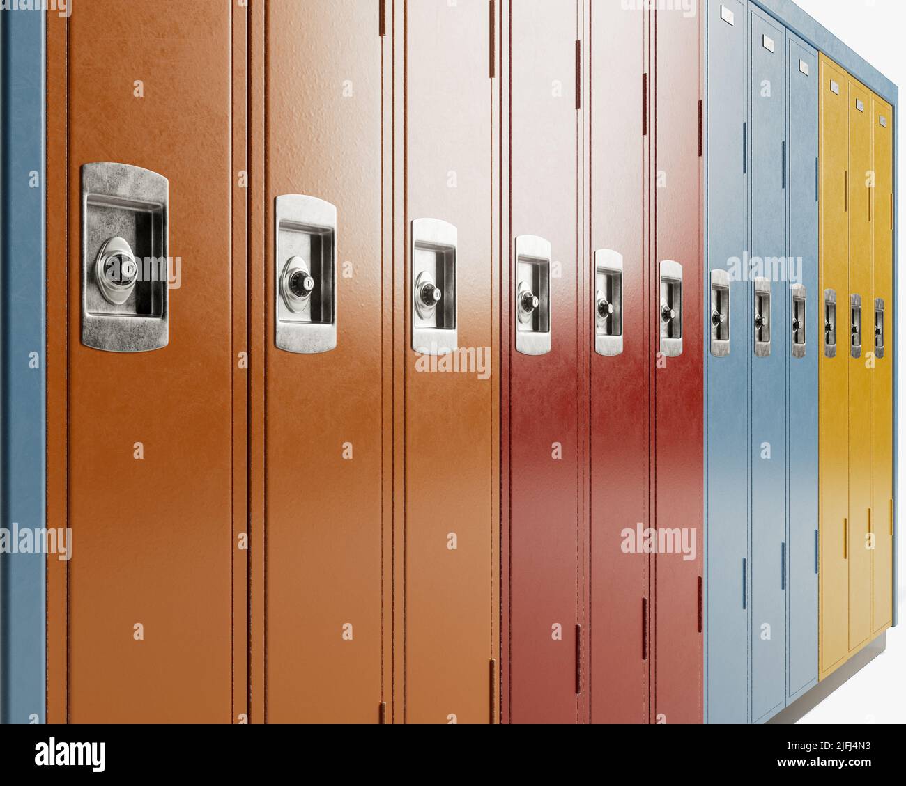 An standalone bank of colorful school lockers on an isolated white ...