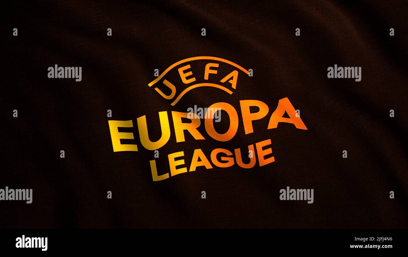 Close up of The UEFA Europa League UEL flag. Motion. Emblem of a ...