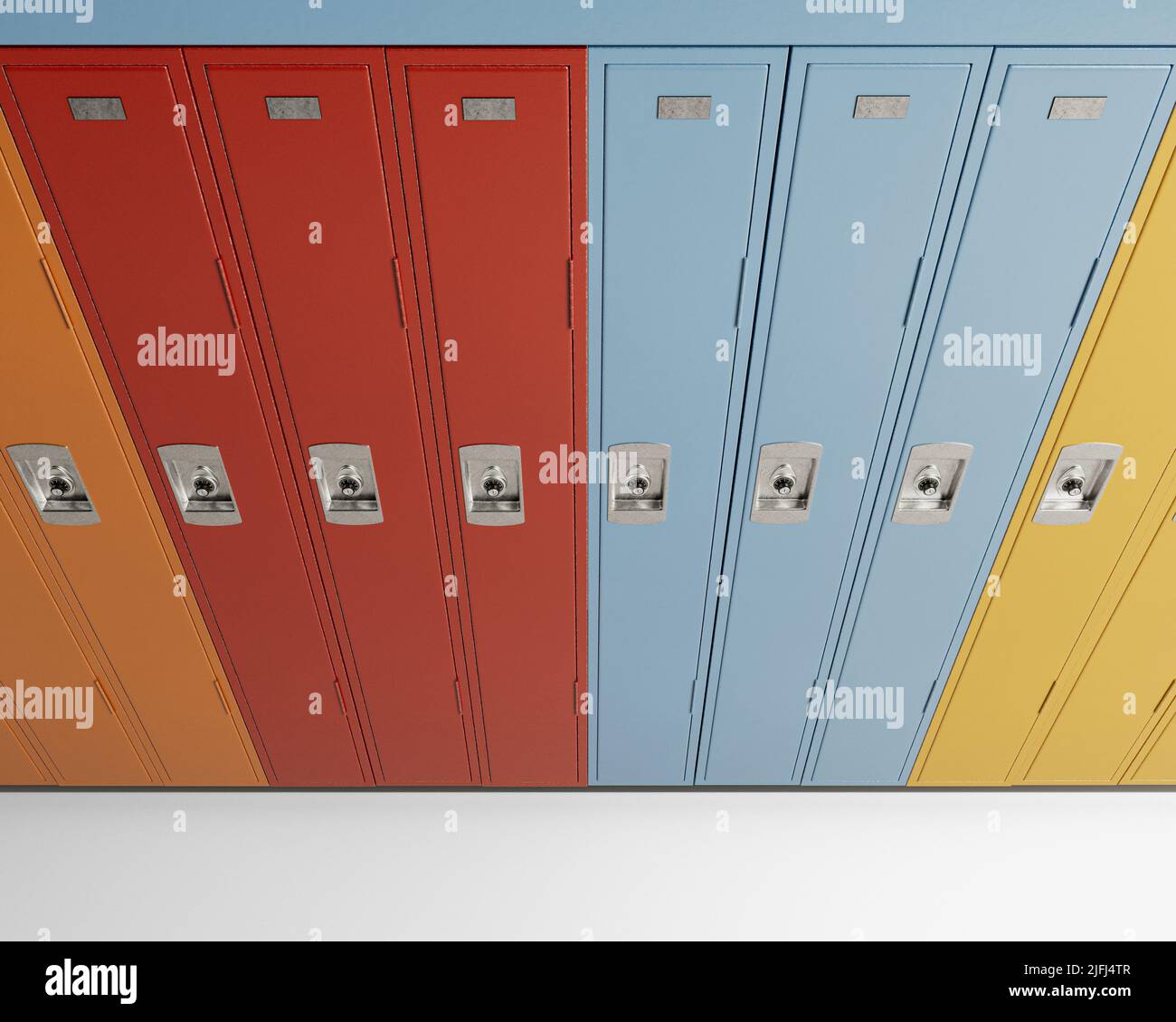 An standalone bank of colorful school lockers on an isolated white ...